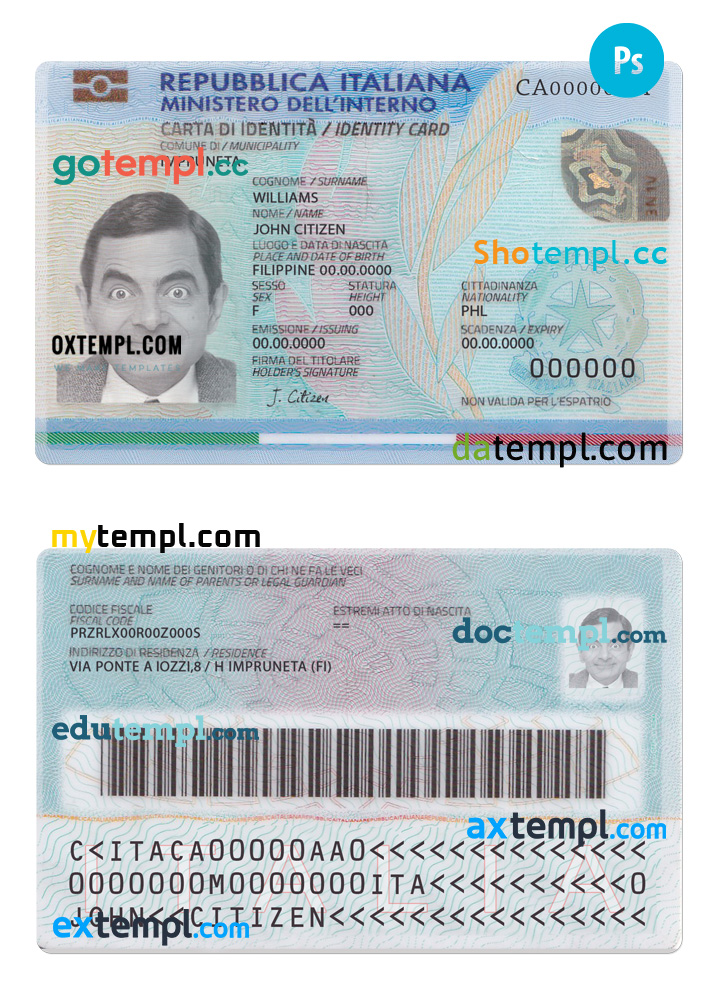 Italy ID card template in PSD format, 2016-present, version 2 - Oxtempl