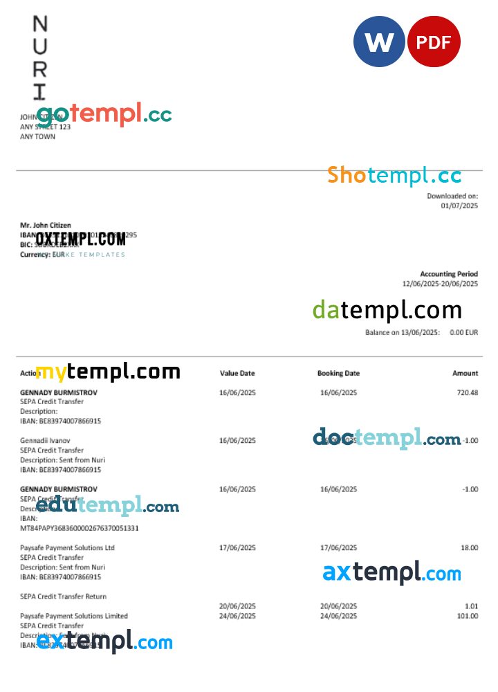 Germany Nuri bank statement 3 - 6 months Word and PDF example - Oxtempl