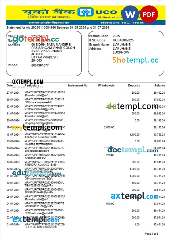 India UCO bank statement 3 - 6 months Word and PDF example - Oxtempl